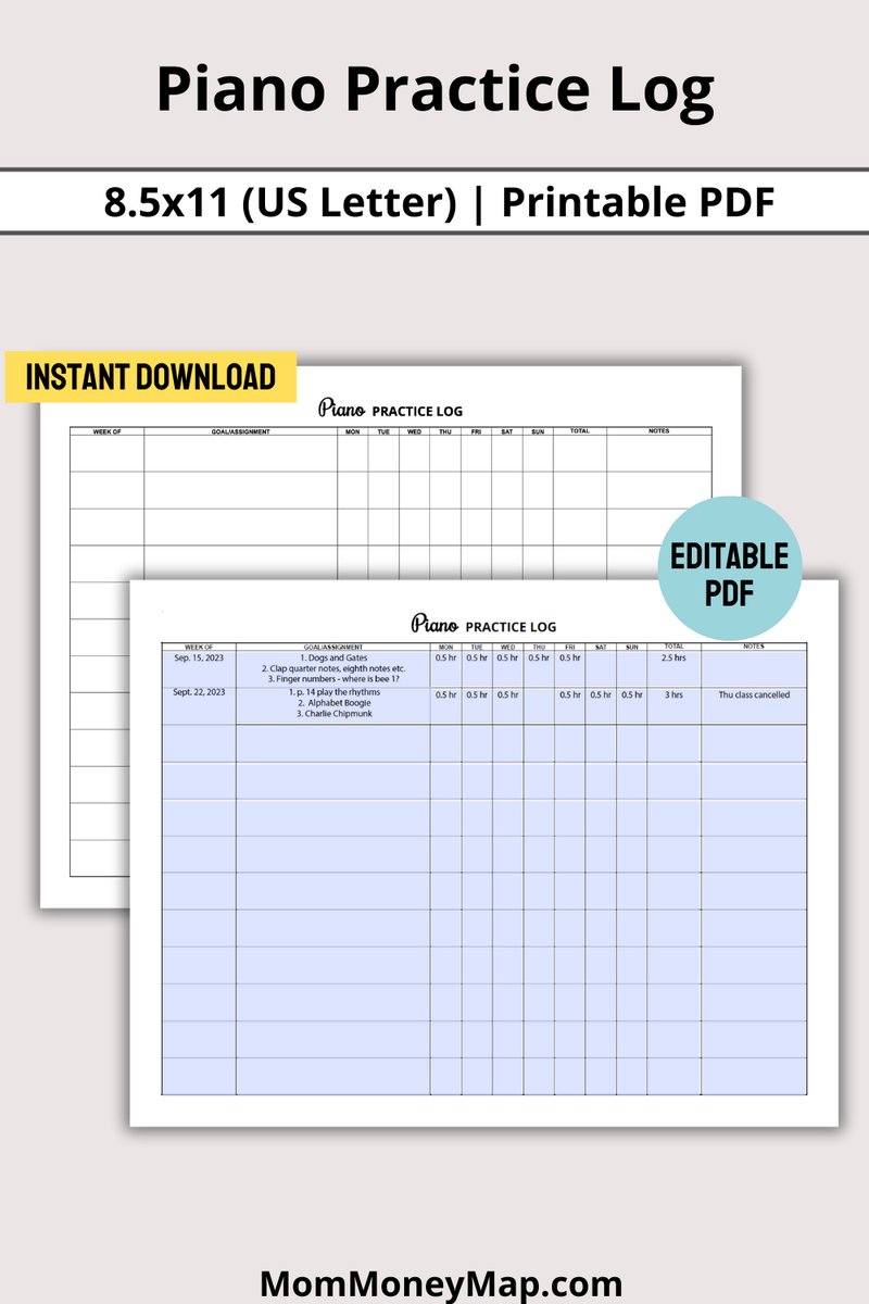 Piano Practice Log Printable PDF – Mom Money Map