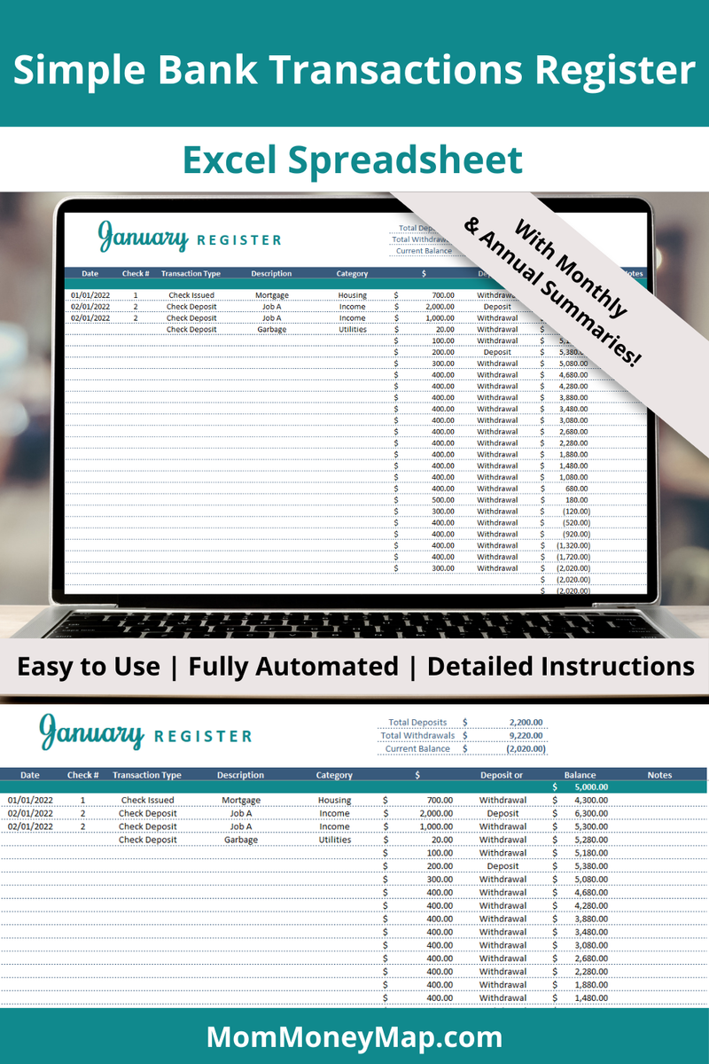 Simple Bank Transactions Register Excel Spreadsheet – Mom Money Map