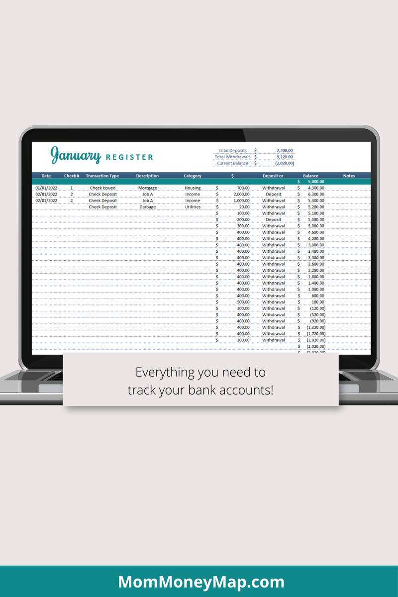 Simple Bank Transactions Register Excel Spreadsheet – Mom Money Map