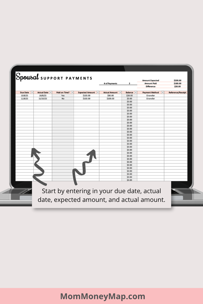 Spousal Support Payment Tracker Excel Spreadsheet – Easy Payment Log ...