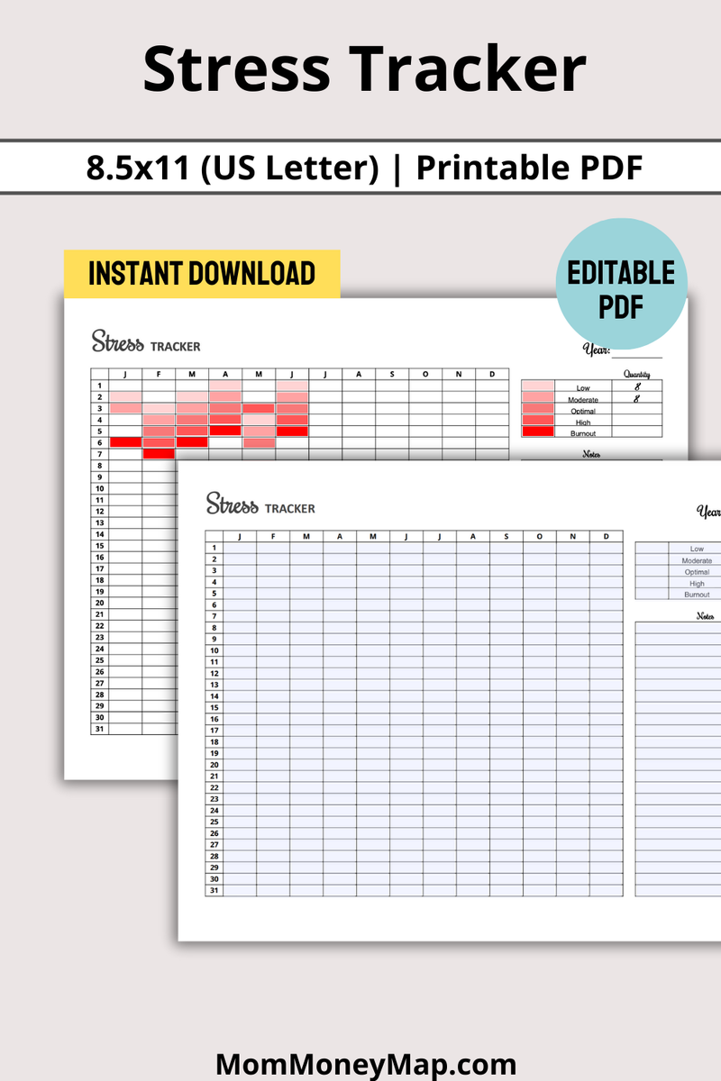 Stress Tracker Printable PDF for Mental Health & Wellness – Mom Money Map