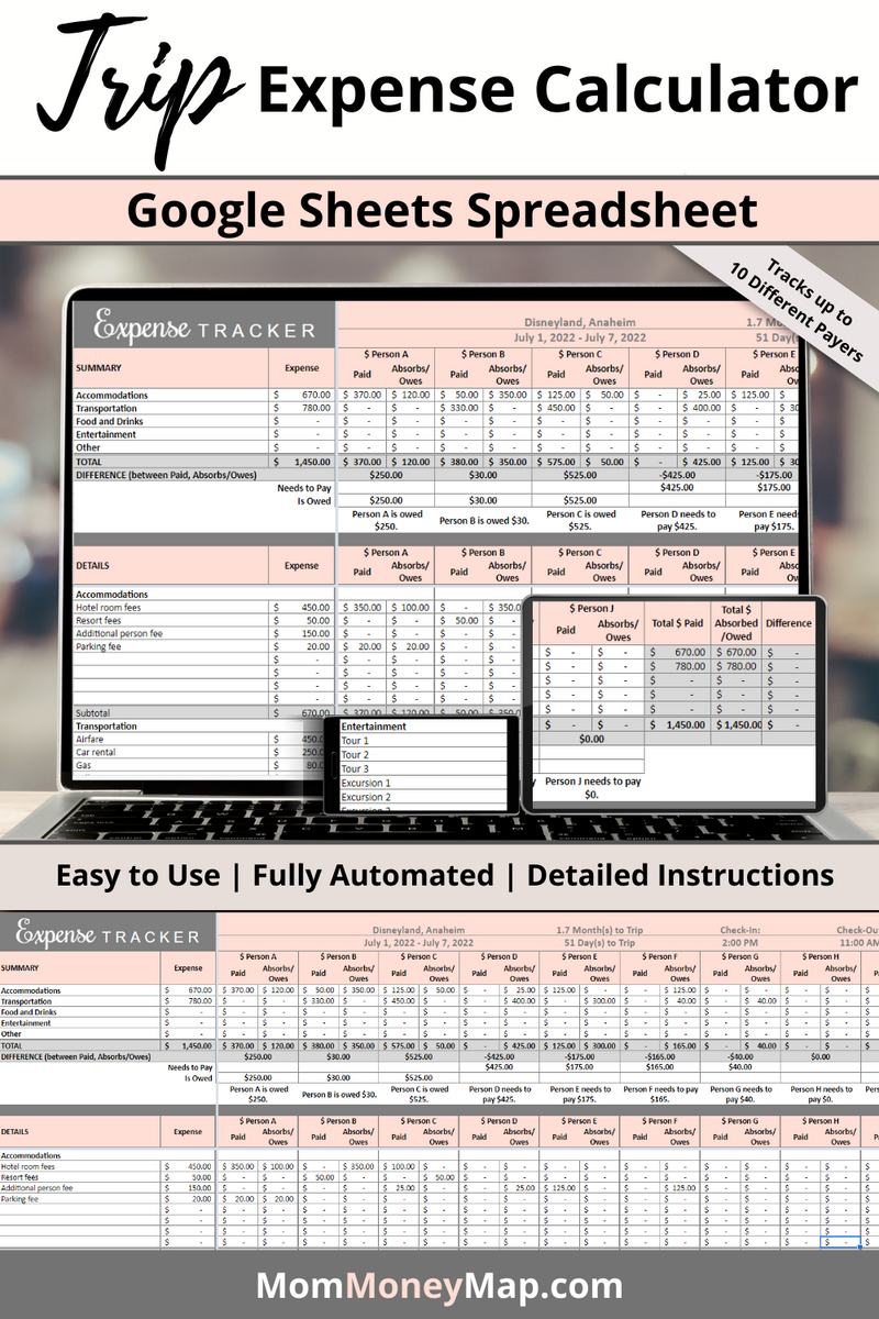 Vacation Cost Splitter Google Sheets Spreadsheet - tracks up to 10 Pay ...