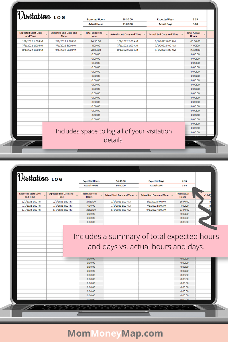 Visitation Log Excel Spreadsheet – Mom Money Map