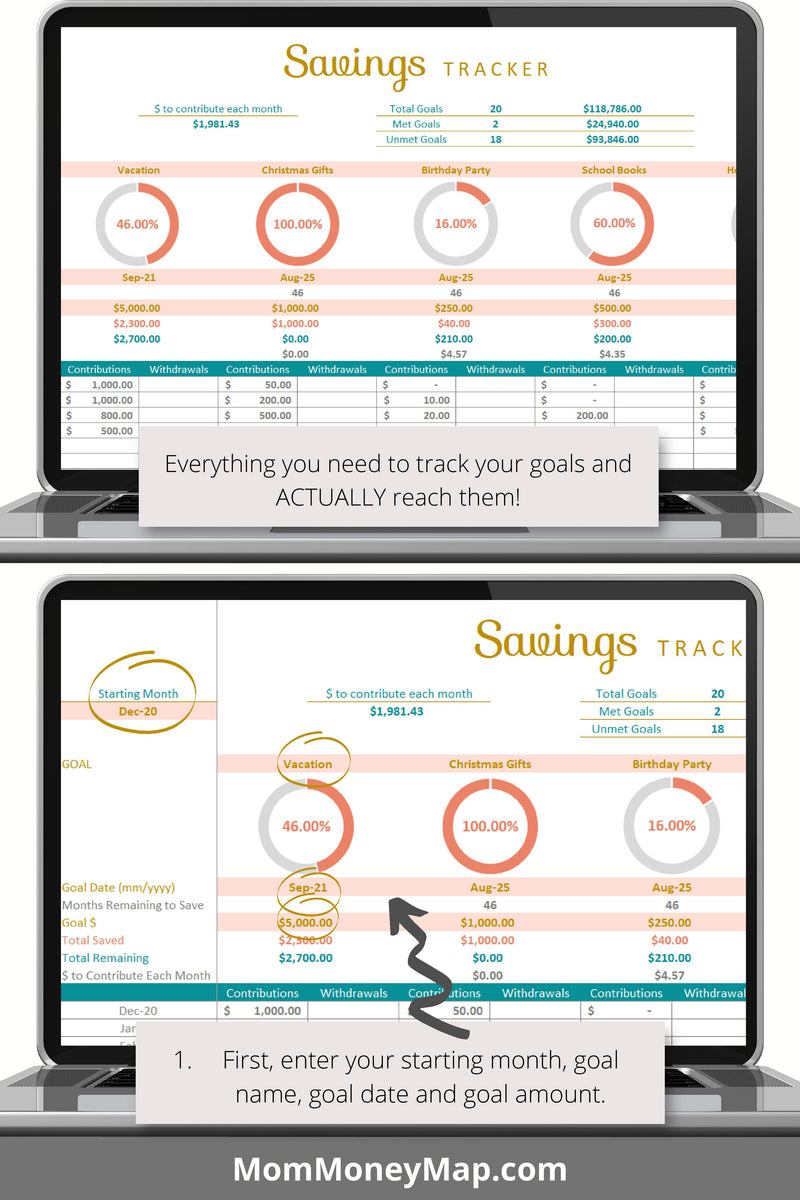 Savings Tracker Excel Spreadsheet - 20 Goals – Mom Money Map