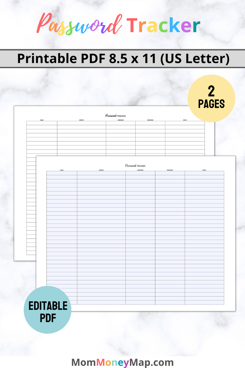 Password Tracker Printable PDF – Mom Money Map