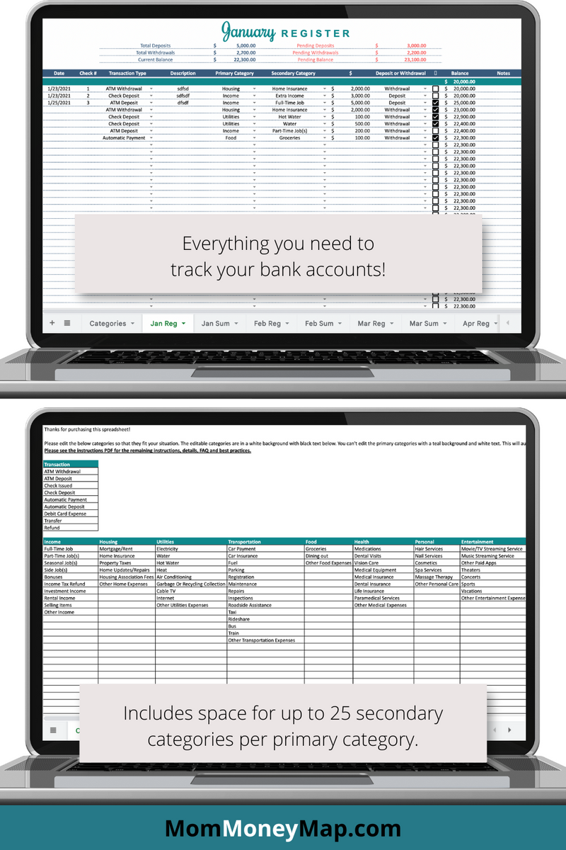 Checkbook Register Google Sheets Spreadsheet with Monthly and Annual S ...