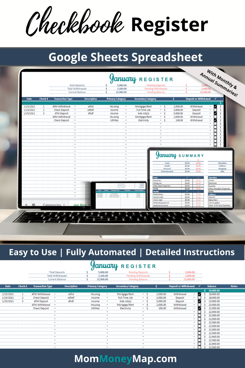 Checkbook Register Google Sheets Spreadsheet with Monthly & Annual Sum ...