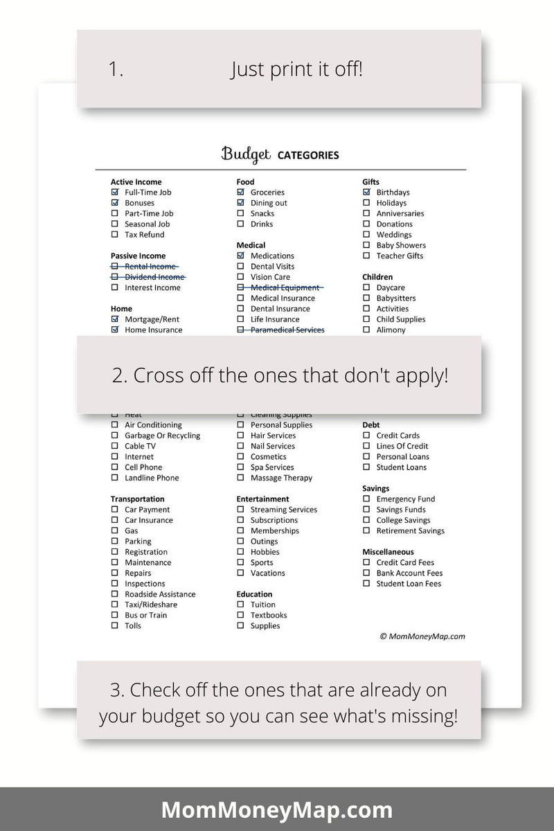 Budget Categories Checklist Printable PDF – Mom Money Map