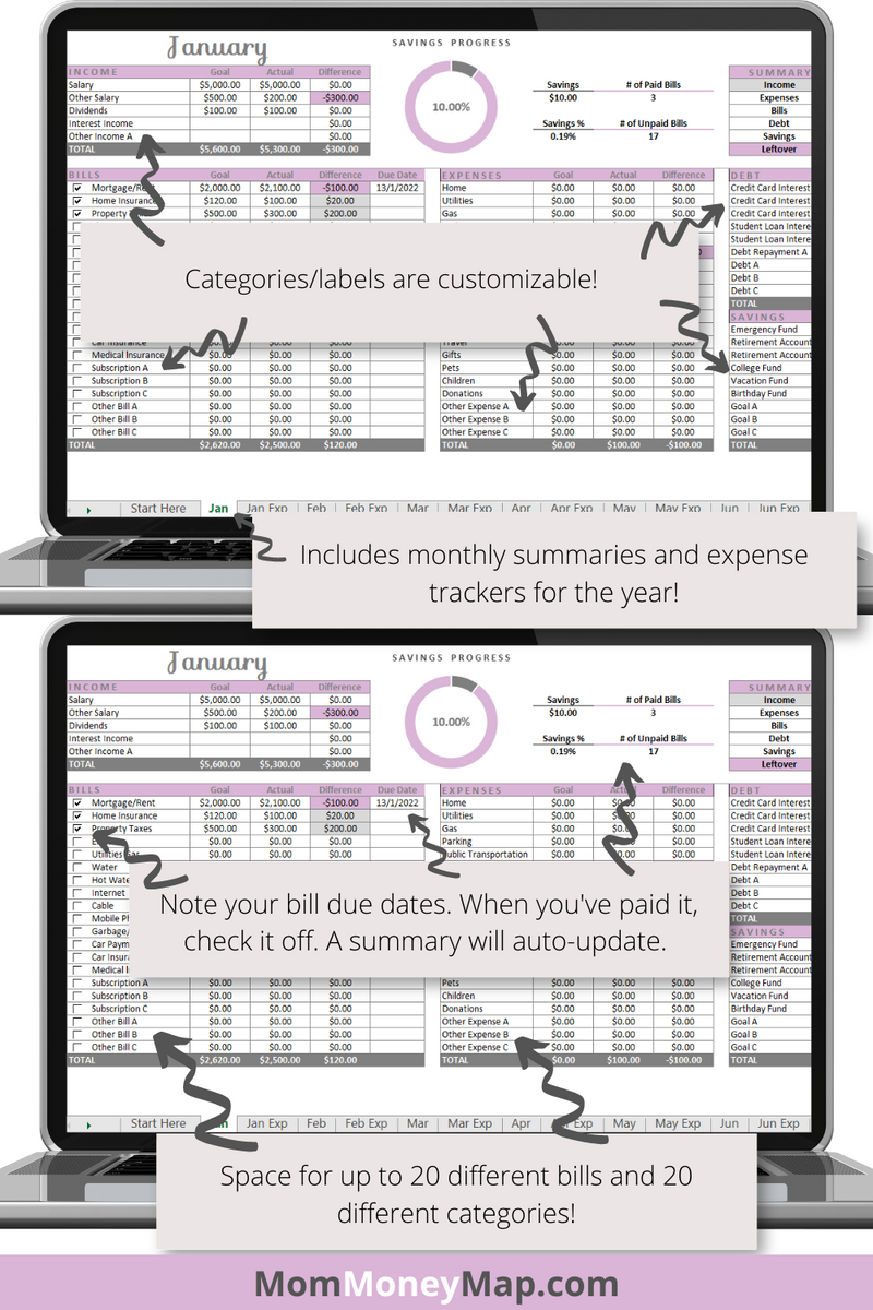 Monthly and Annual Budget Excel Spreadsheet Template - Purple – Mom ...