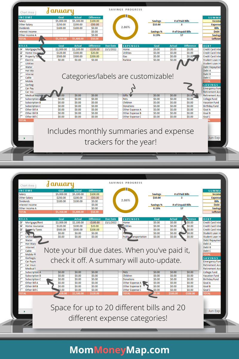 Monthly and Annual Budget Excel Spreadsheet - Teal – Mom Money Map