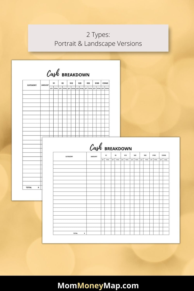 Cash Breakdown Sheet Printable PDF – Mom Money Map