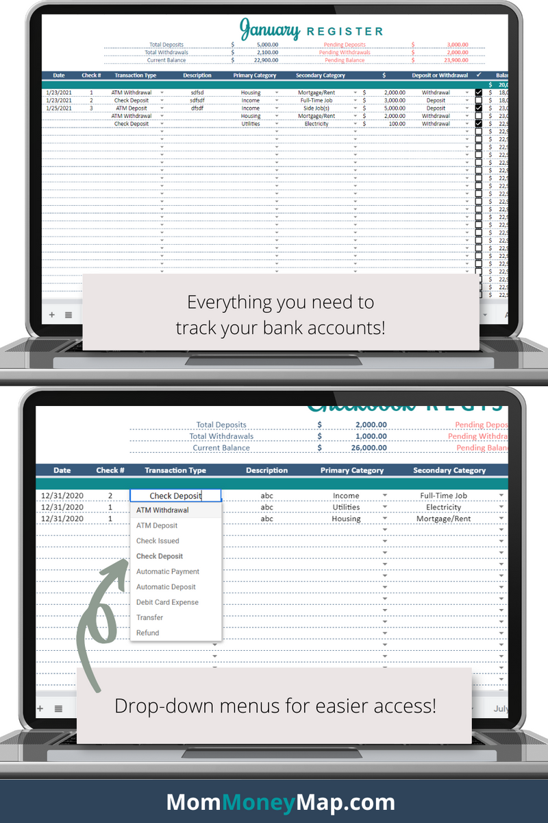 Checkbook Register Google Sheets Spreadsheet with Monthly & Annual Sum ...