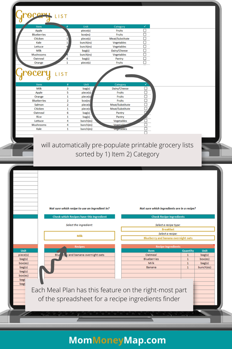 Meal Planner Excel Spreadsheet with Automated Grocery List - Teal and ...