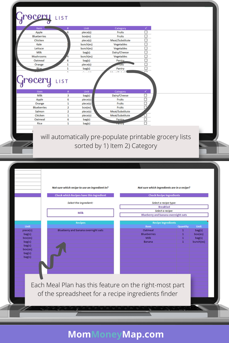 Meal Planner Excel Spreadsheet with Automated Grocery List - Purple an ...