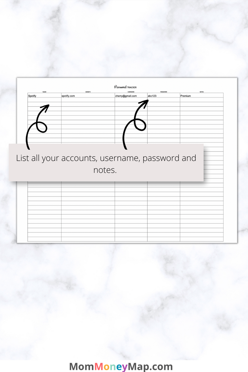 Password Tracker Printable PDF – Mom Money Map