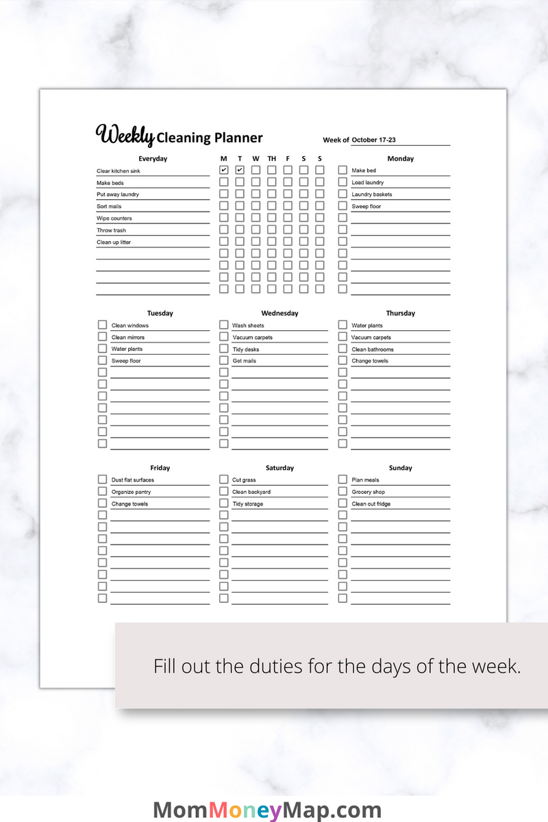 Weekly Cleaning Planner Printable PDF – Mom Money Map