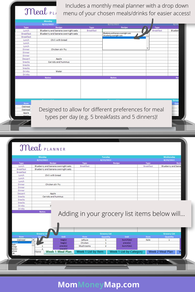 Meal Planner Excel Spreadsheet with Automated Grocery List - Purple an ...