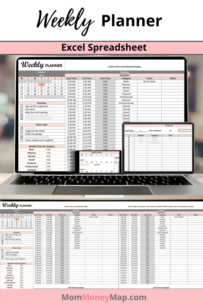 Weekly Scheduler Excel Spreadsheet – Mom Money Map