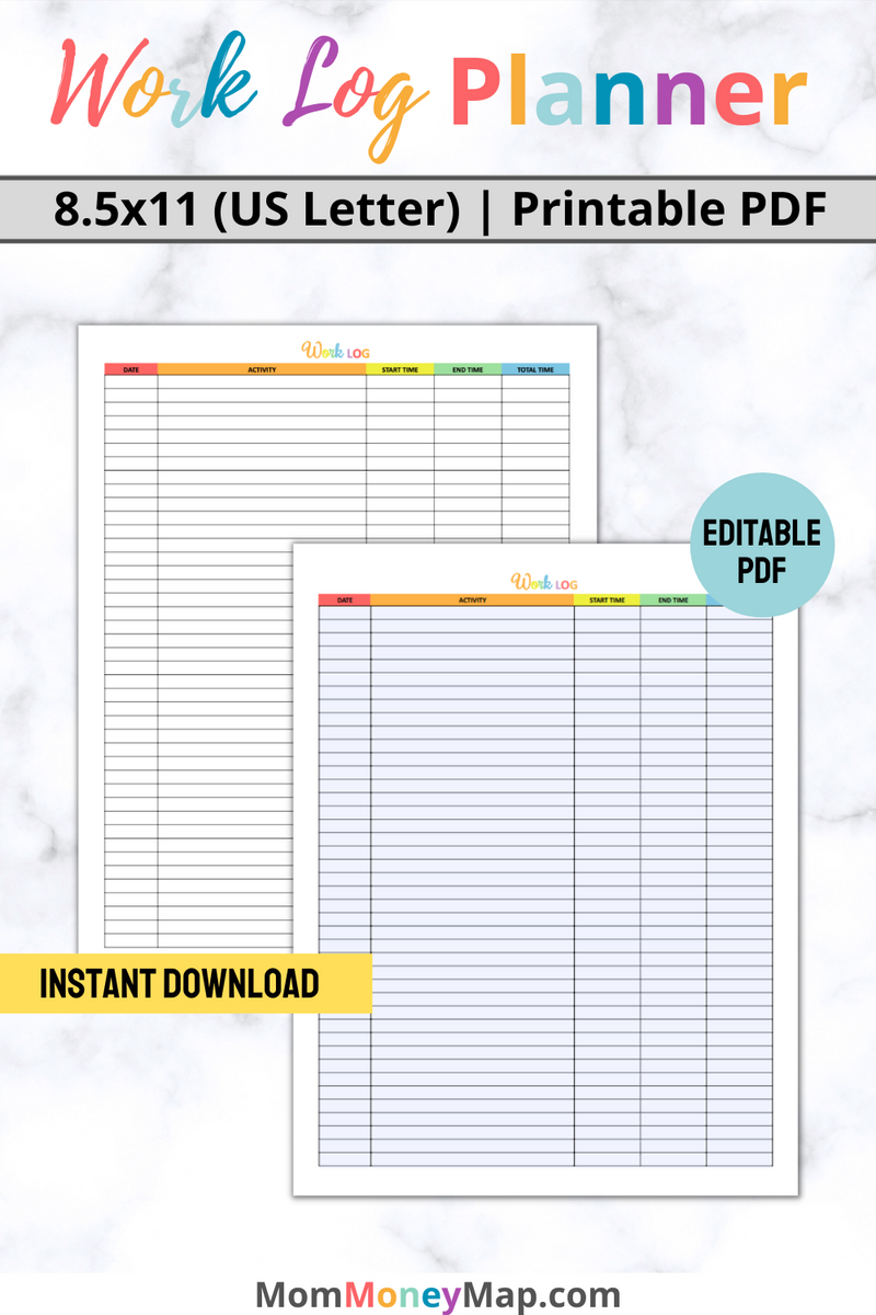 Work Log Printable PDF - Portrait - Multi-Color – Mom Money Map