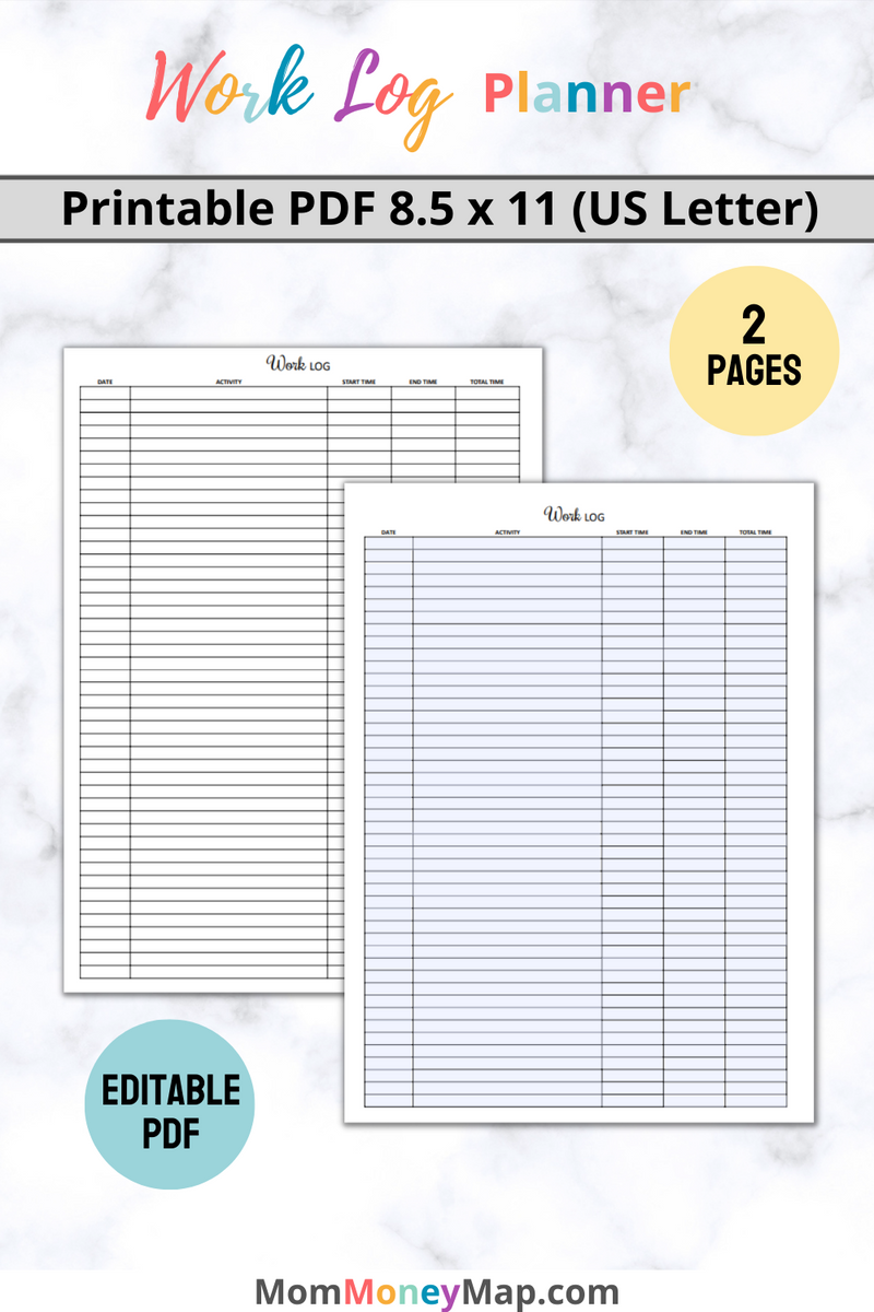 Work Log Printable PDF - Portrait – Mom Money Map