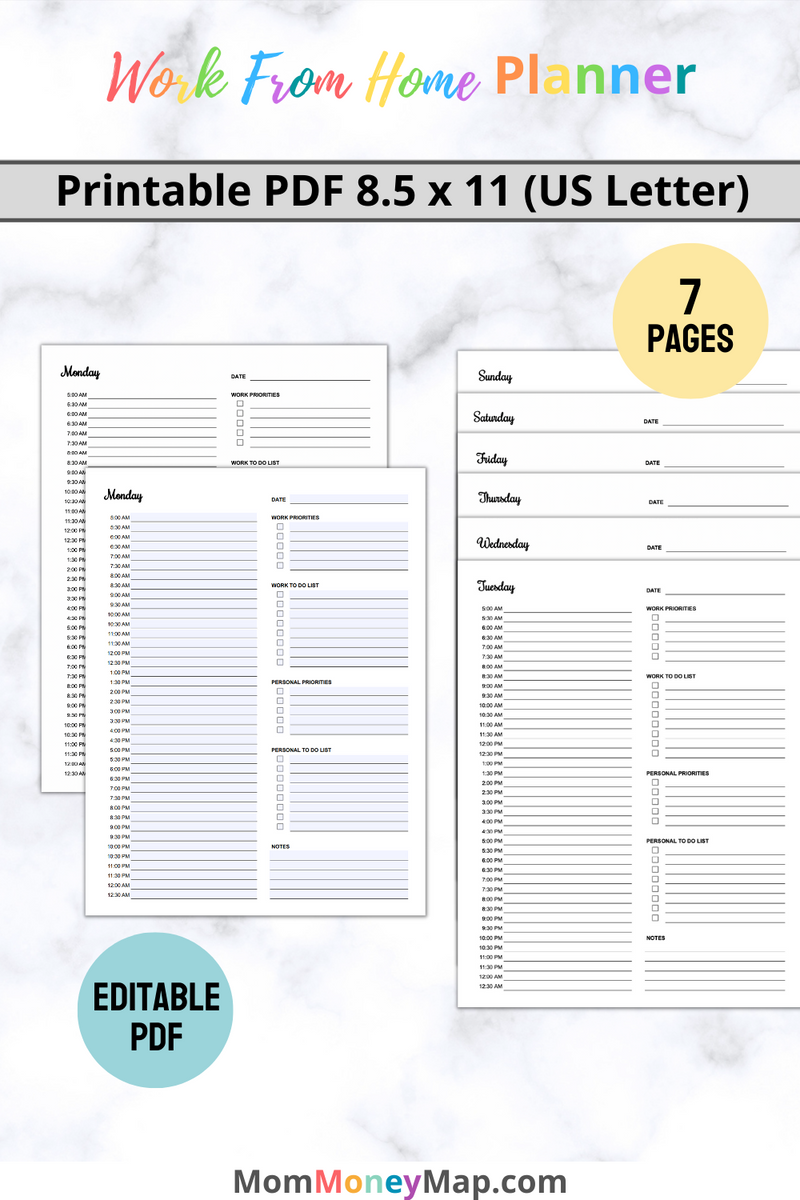 Work From Home Planner Printable PDF – Mom Money Map